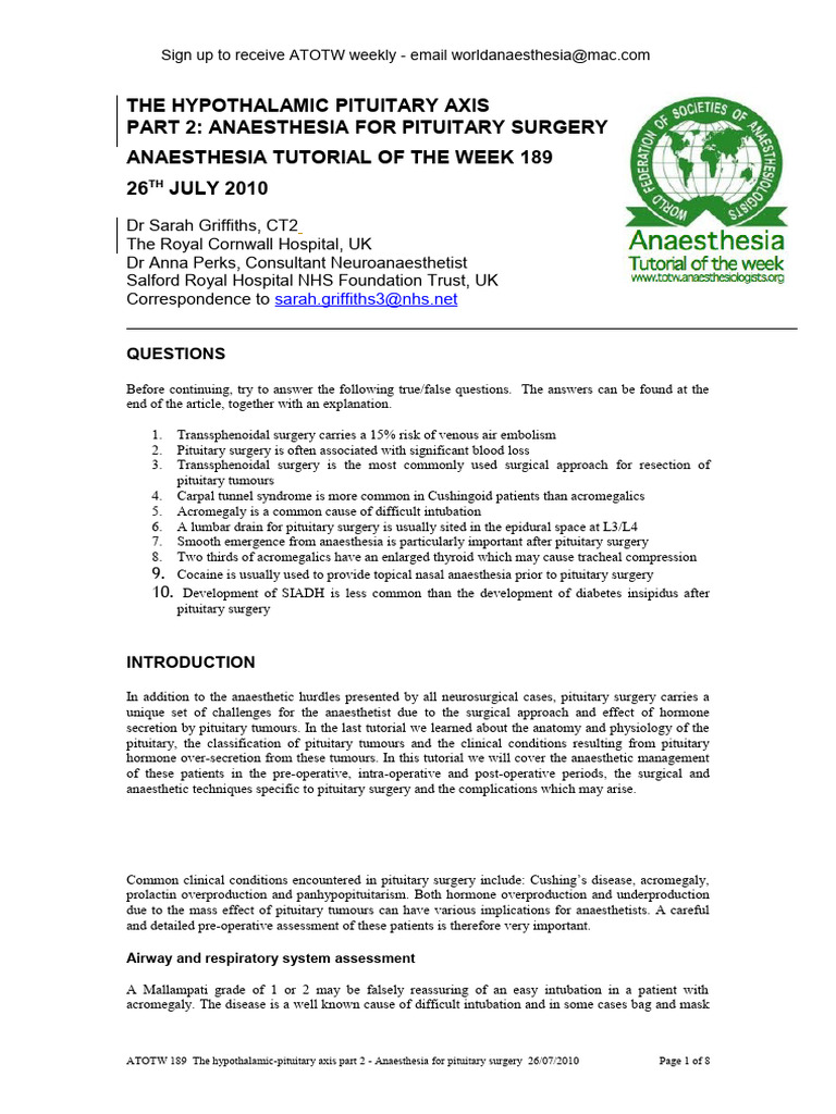 The Hypothalamic Pituitary Axis Part 2 Anaesthesia for Pituitary Surgery | PDF