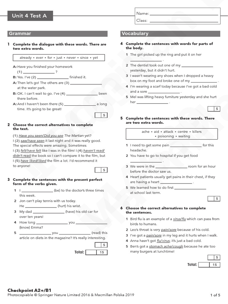 Checkpoint A2+ B1 Unit 4 Test A | PDF