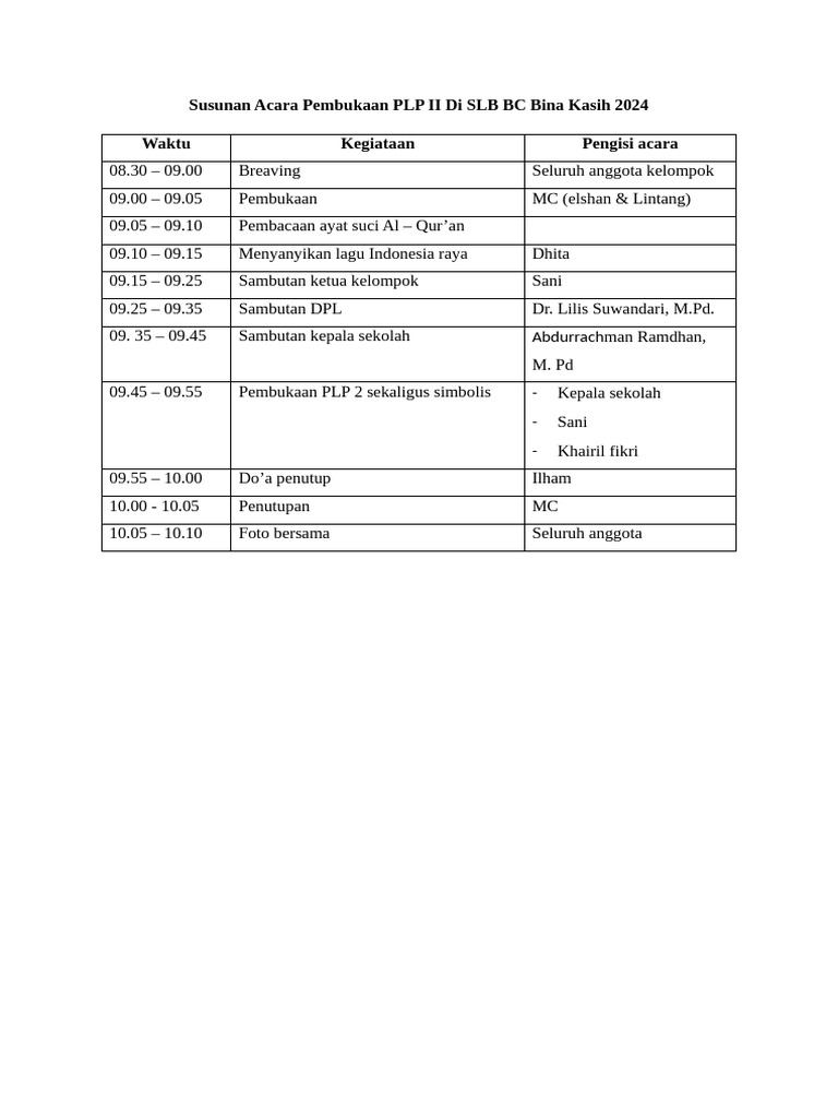 Susunan Acara Pembukaan PLP II | PDF
