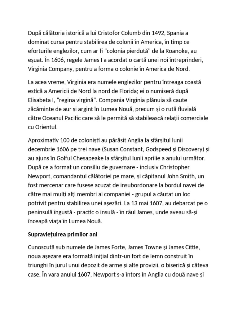 Jamestown - Istoria Primei Colonii Americane | PDF