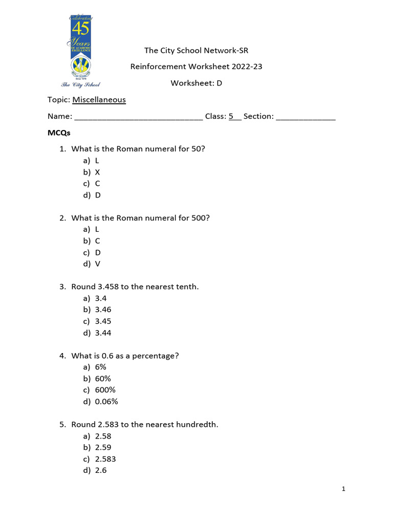 Grade 5 Work Sheet D | PDF