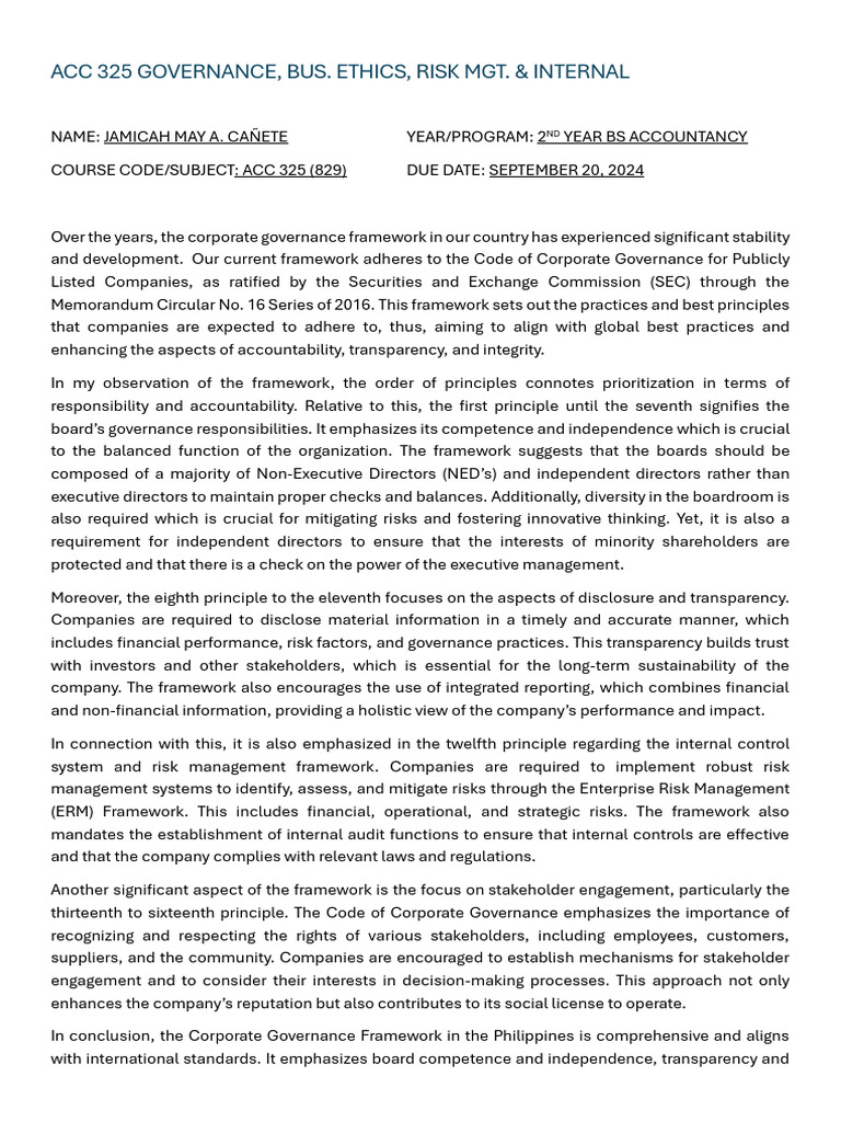ACC 325 - Observation on the Corporate Governance Framework | PDF ACC 325 - Observation on the Corporate Governance Framework | PDF