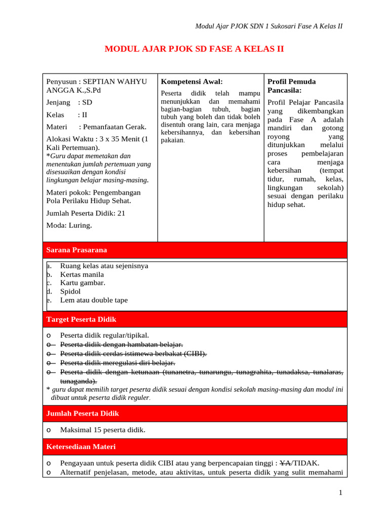 Modul Ajar Pola Perilaku Hidup Sehat - Pjok - SD - Fase A | PDF