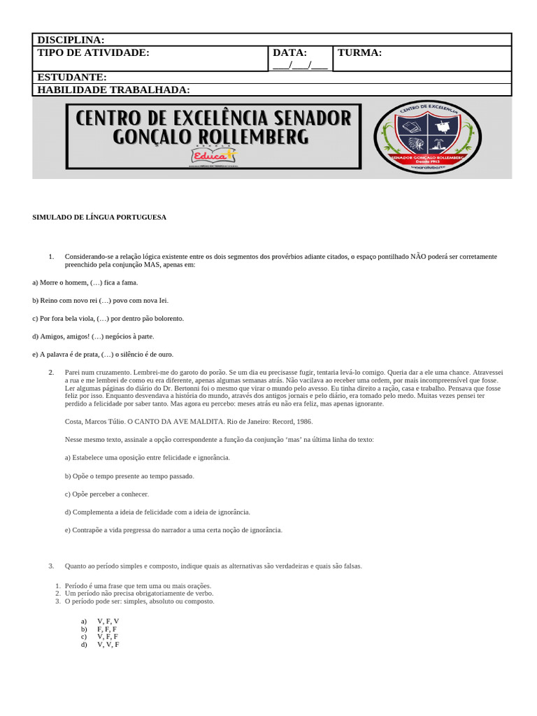 Questoes Simulado - LP - Profa Perla | PDF