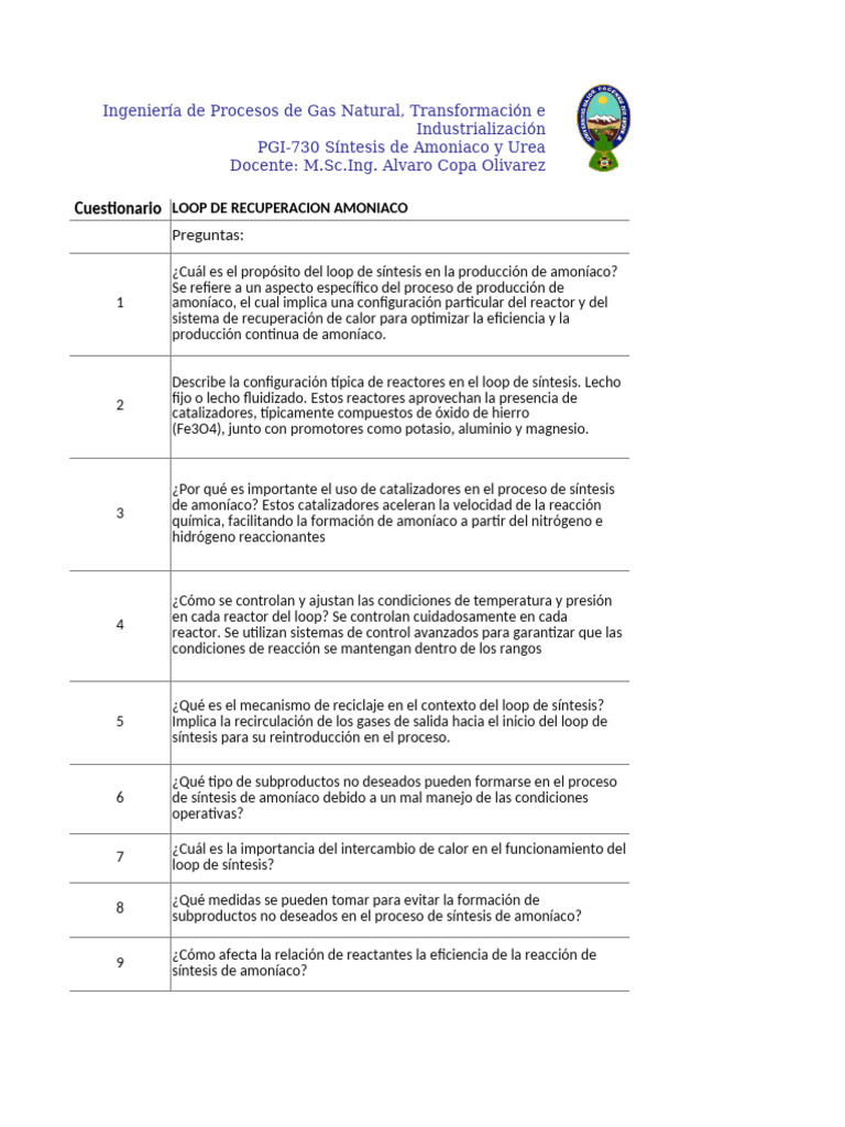 PGI Cuestionario Loop de Recuperacion Amoniaco | PDF