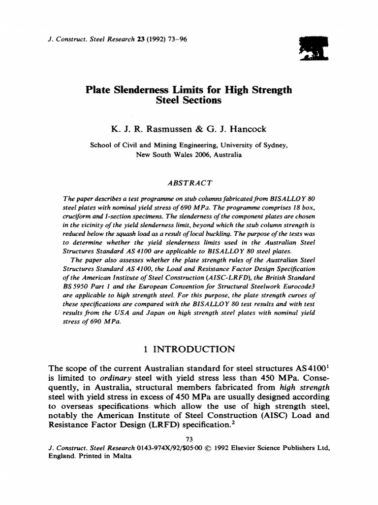 (1992) - Rasmussen K.J.R and Hancock G.J. - Plate Slenderness Limits ...