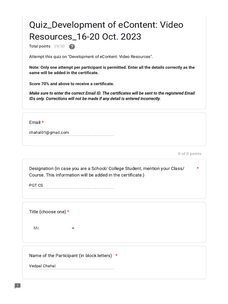 Quiz - Development of Econtent - Video Resources - 16-20 Oct. 2023 ...
