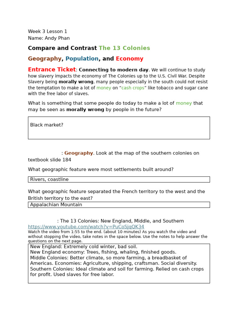 U.S. History Week 3 Lesson 1 Compare and Contrast 13 Colonies | PDF