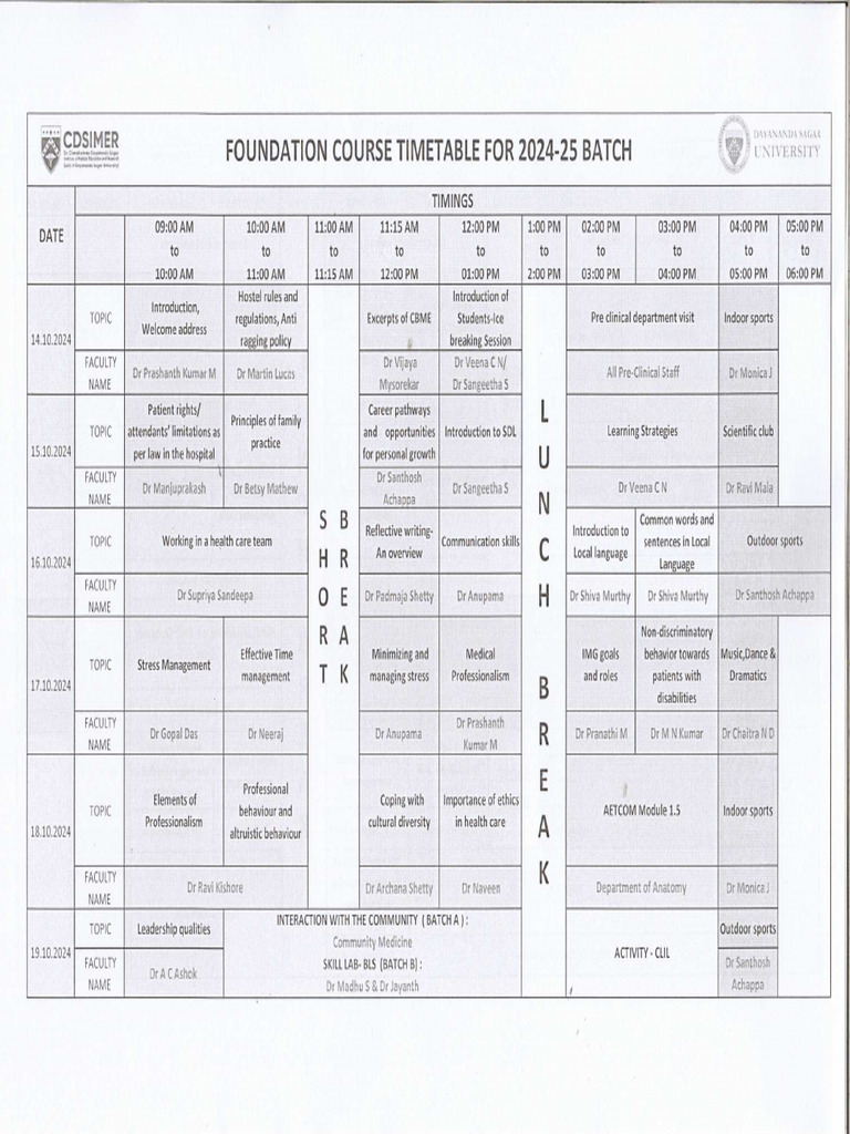 Foundation Course Time Table_2024-25 Batch | PDF