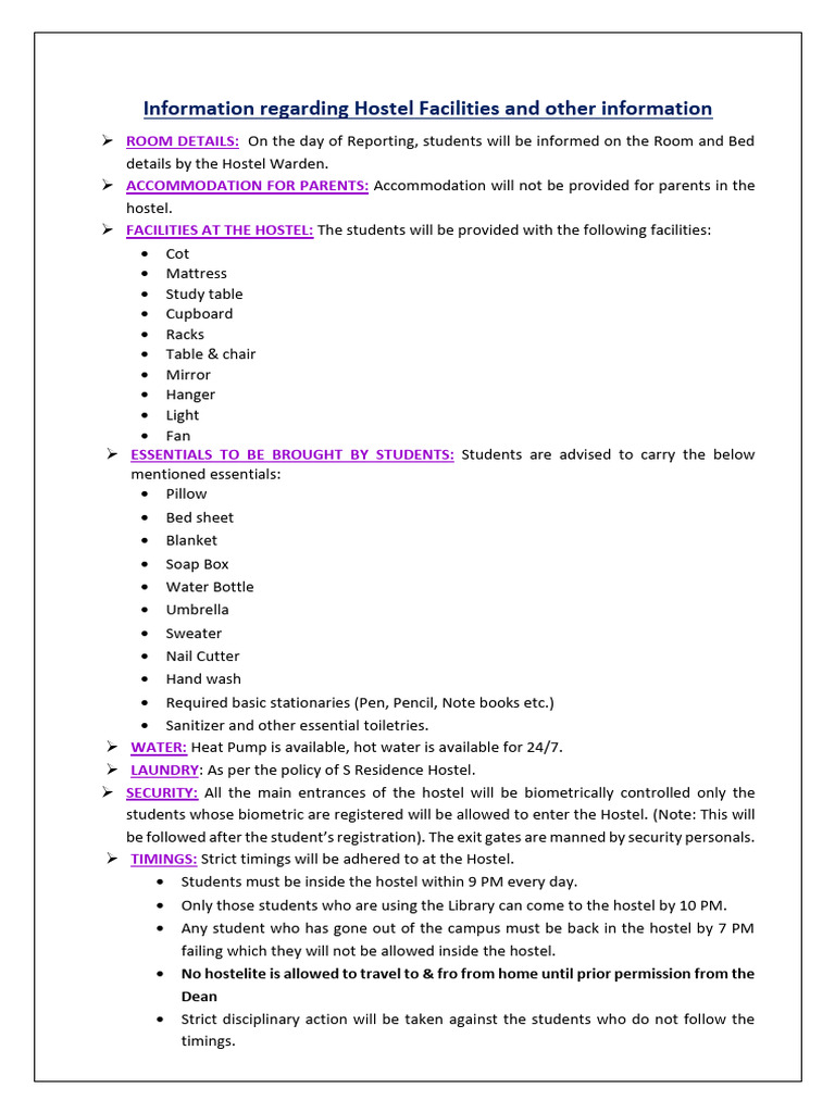 Hostel Details And Other Information Pdf