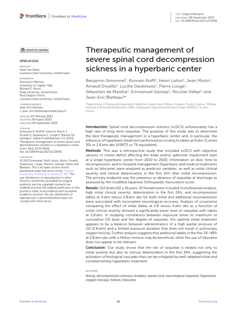 Therapeutic management of spinal cord decompression sickness in a ...