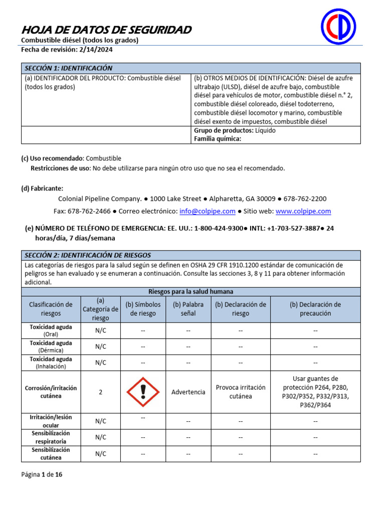 Hoja de Seguridad Del Acpm | PDF