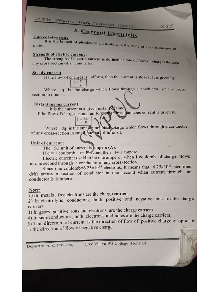 Current Electricity Notes Class 12 Pdf