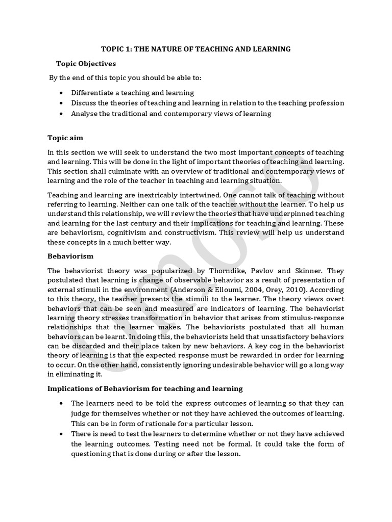 TOPIC 1 - The Nature of Teaching and Learning | PDF