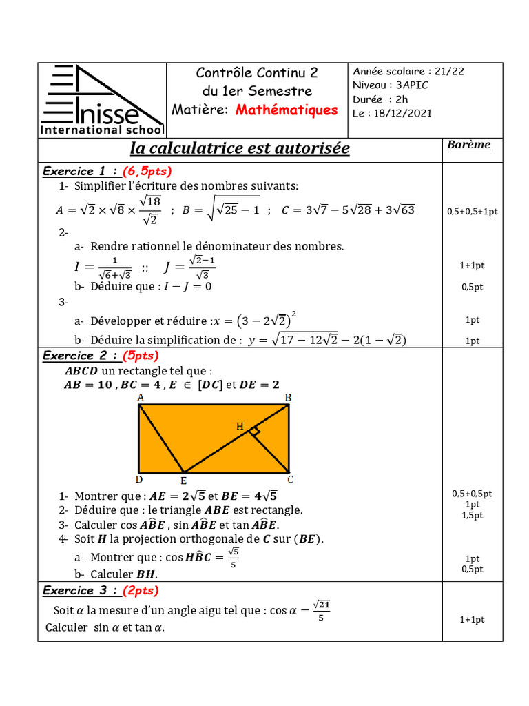 AIS 2122 3APIC S1 C2 Maths | PDF