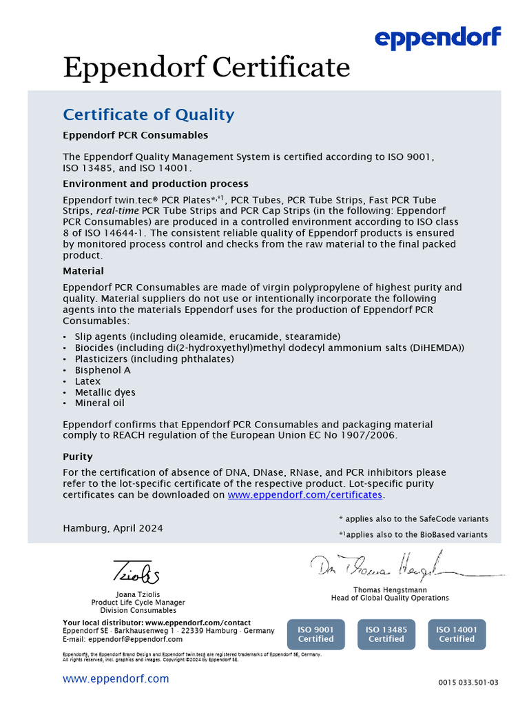 Eppendorf Consumables Certificate Quality Conformity Eppendorf PCR ...