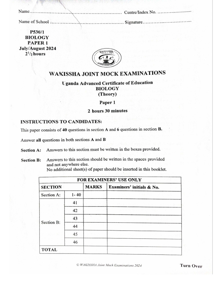 Wakisha Bio p1 Uac 2024 | PDF