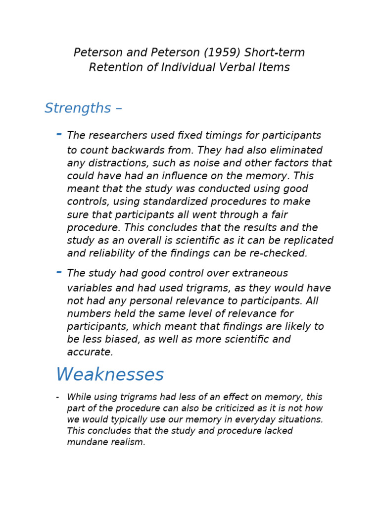Peterson and Peterson (1959) Strengths and weaknesses | PDF