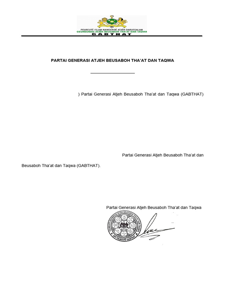 Dewan Pimpinan Pusat (DPD) Partai Generasi Atjeh Beusaboh Tha'At Dan Taqwa | PDF