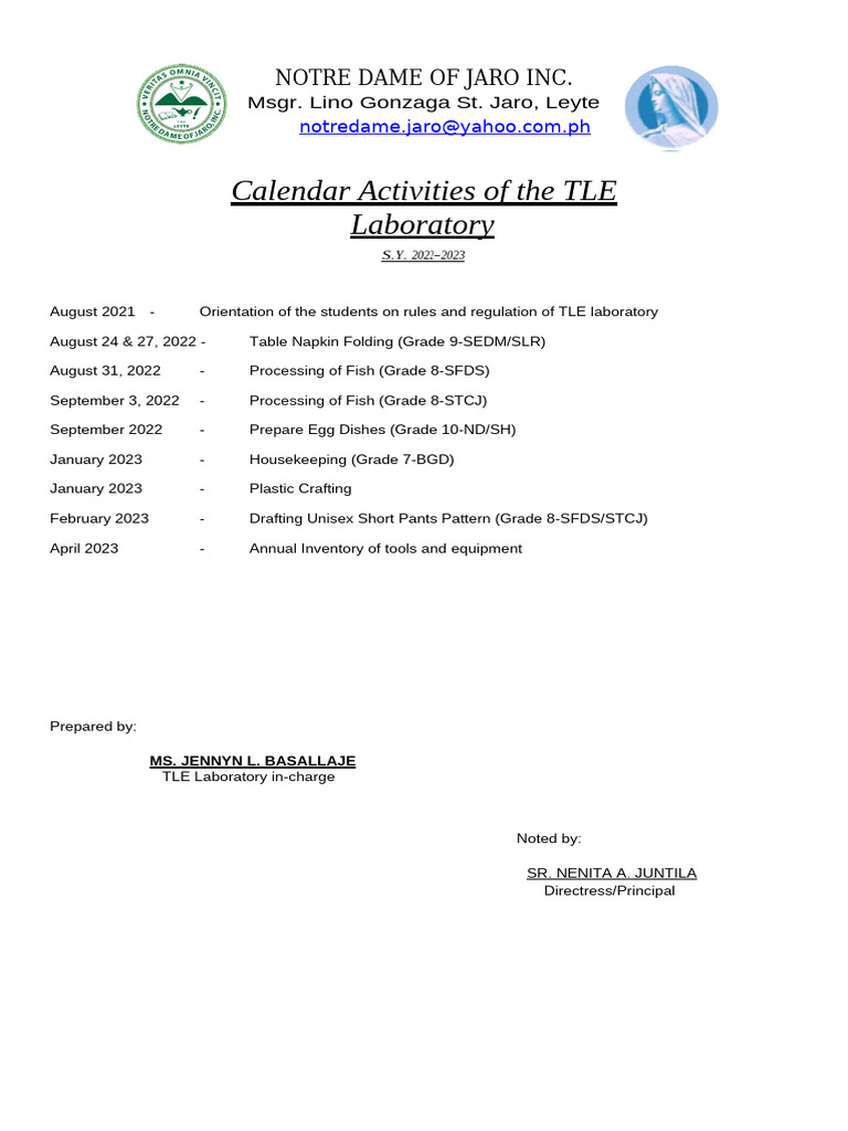 TLE Calendar of Activities | PDF