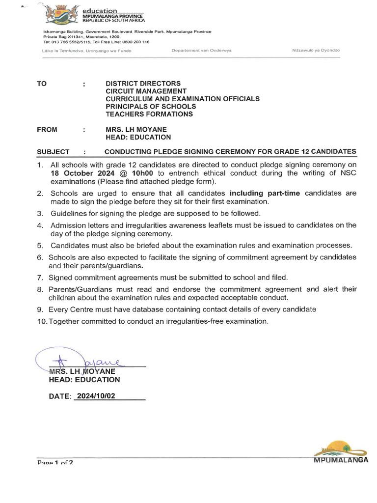 Conducting Plegde Signing Ceremony For Grade 12 Candidates | PDF