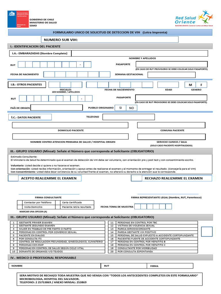 Formulario de Solicitud de detección de VIH Red Salud Oriente en blanco | PDF