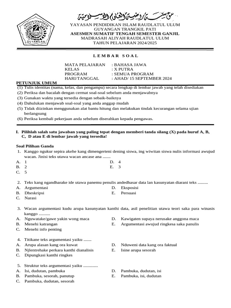SOAL ASTS GANJIL BJAWA X Pa 24 - 25 | PDF