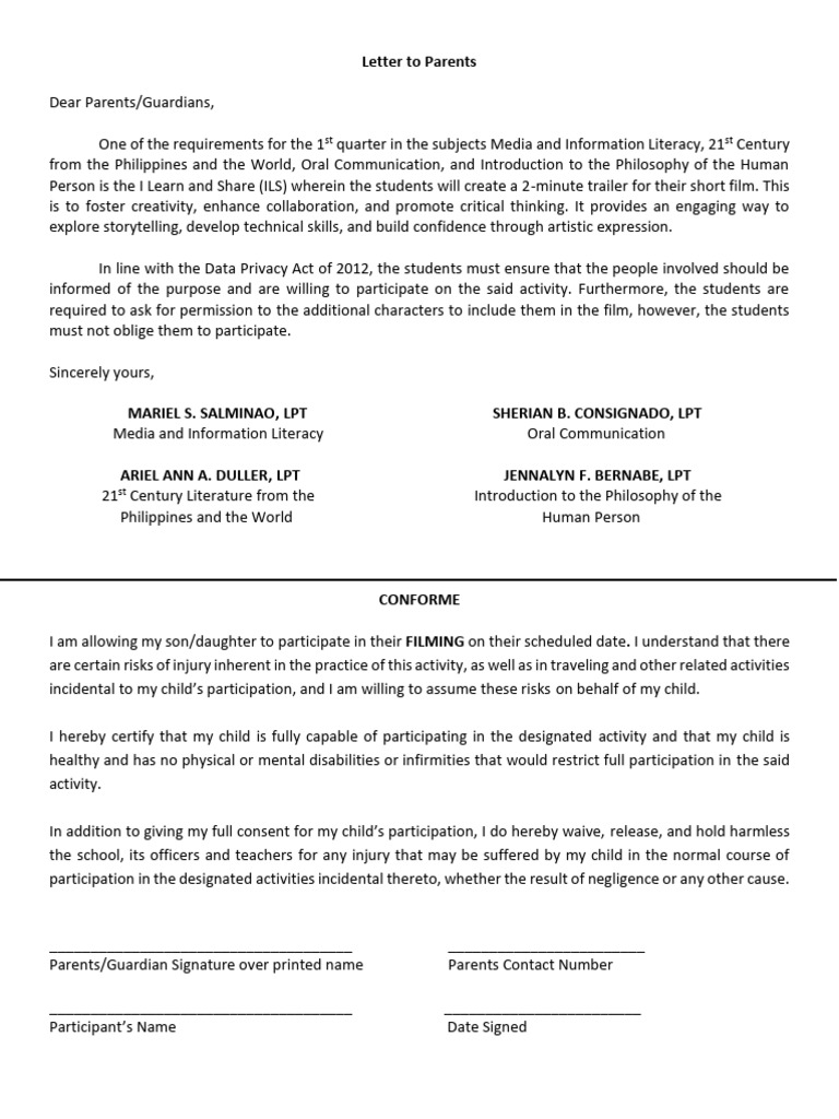 EXTRA Parent Consent Form FILMING | PDF | Literacy | Information Literacy