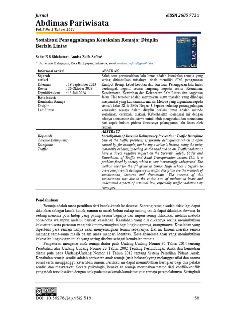 Abdimas Pariwisata: Sosialisasi Penanggulangan Kenakalan Remaja: Disiplin Berlalu Lintas | PDF