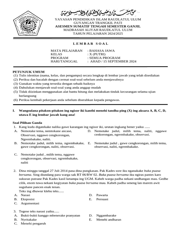 SOAL ASTS GANJIL BJAWA X Pi 24 - 25 | PDF