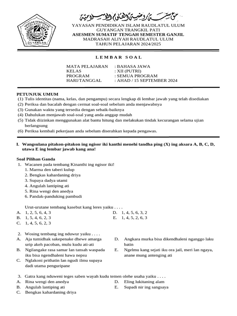 SOAL ASTS GANJIL BJAWA XII Pi 24-25 | PDF