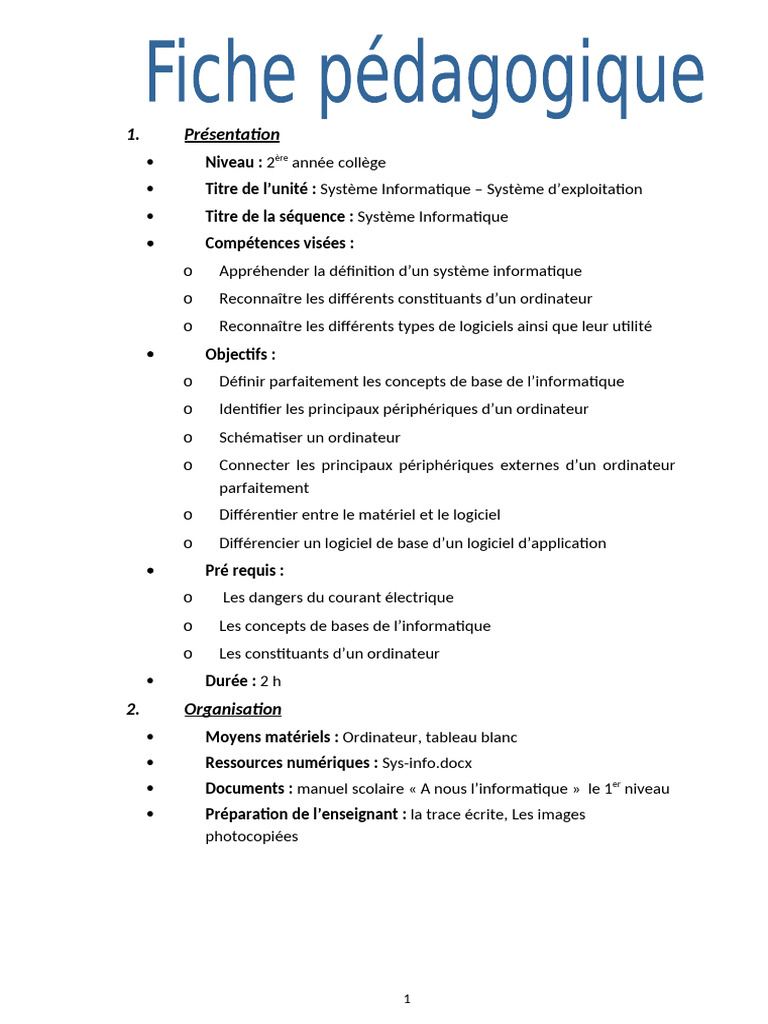Fiche Pédagogique Systeme Informatique | PDF