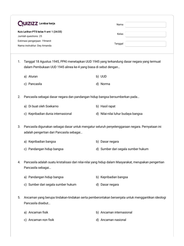 Kuis Latihan PTS Kelas 9 SMT 1 (24 - 25) - Quizizz | PDF