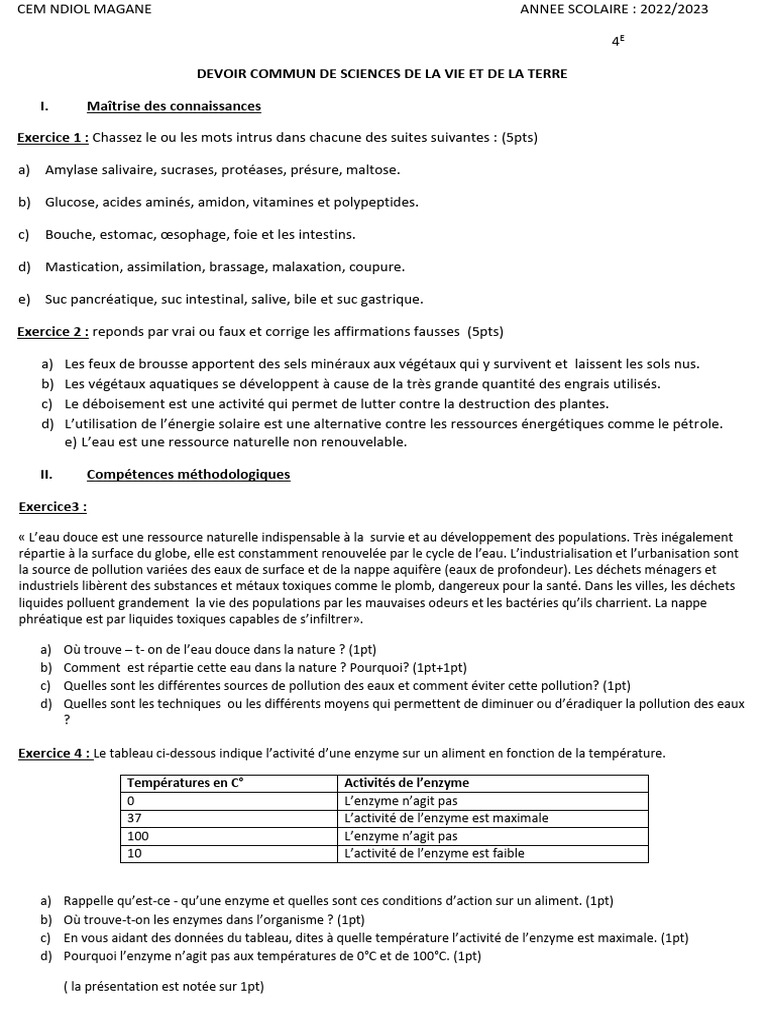 Devoir 4e Re | PDF