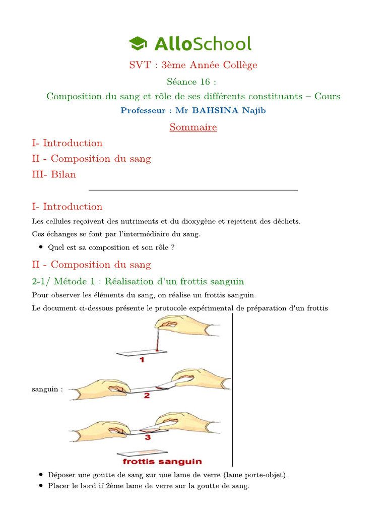 Seance 16 Composition Du Sang Et Role de Ses Differents Constituants ...