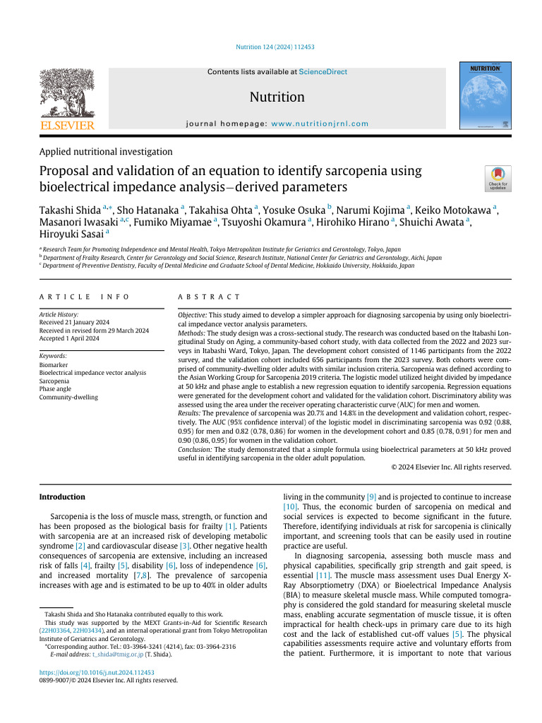 Proposal and Validation of An Equation To Identify Sarcopenia Using Bioelectrical Impedance ...