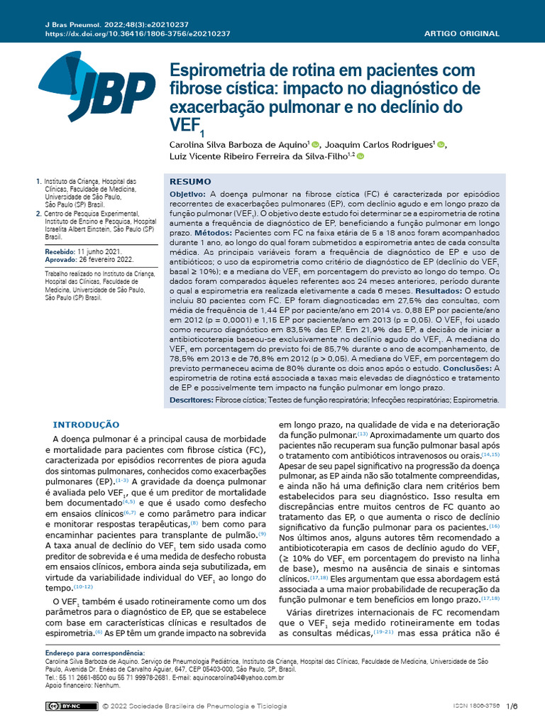 Espirometria de Rotina em Pacientes Com Fibrose Cística - Impacto No ...