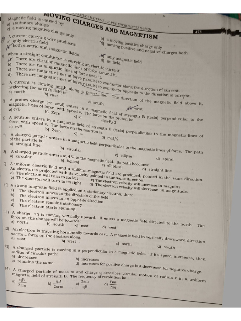 Moving Charges and Magnetism Class 12th MCQ | PDF