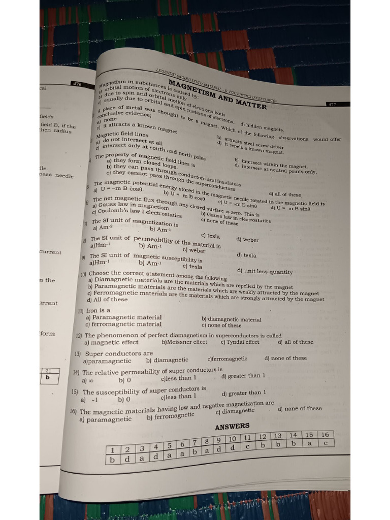 Magnetism and Matter Class 12th MCQ | PDF