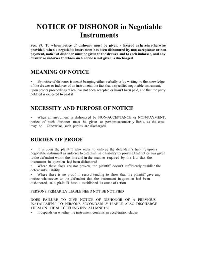 Notice of Dishonor Explained | PDF | Negotiable Instrument | Law Of Agency