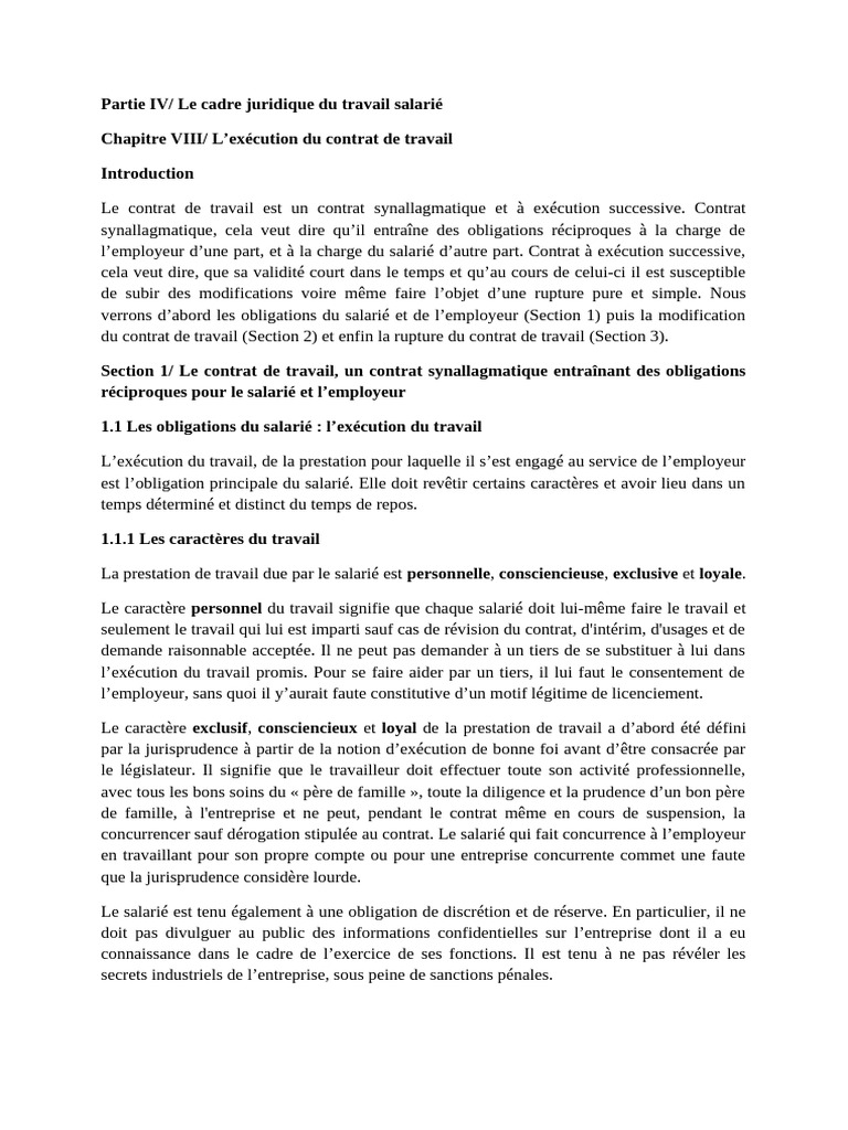 Partie IV Chap 8 L'exécution Du Contrat de Travail | PDF