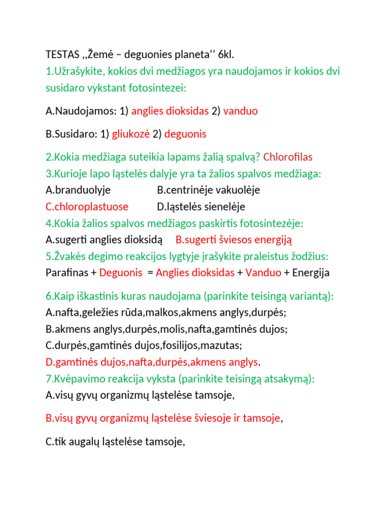 TESTAS ,,žemė - Deguonies Planeta'' 6 Klasei | PDF