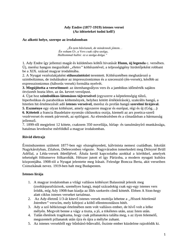 Ady Endre. TÉTEL.2024. | PDF