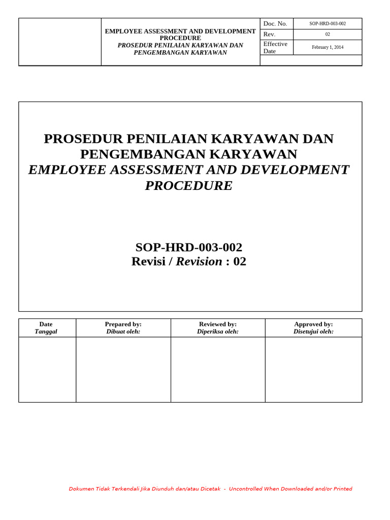 SOP-HRD-PROSEDUR Penilaian Karyawan Dan Pengembangan | PDF
