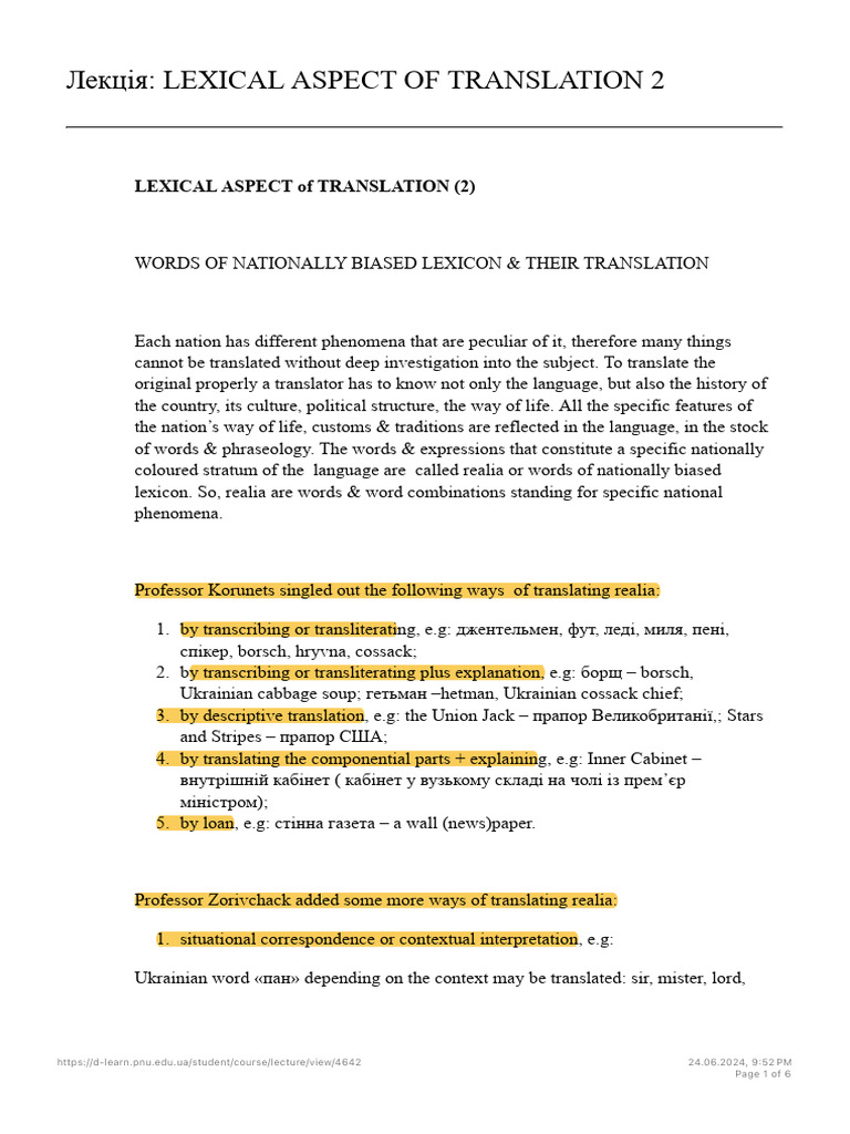 Lexical Aspect of Tra Slatio | PDF