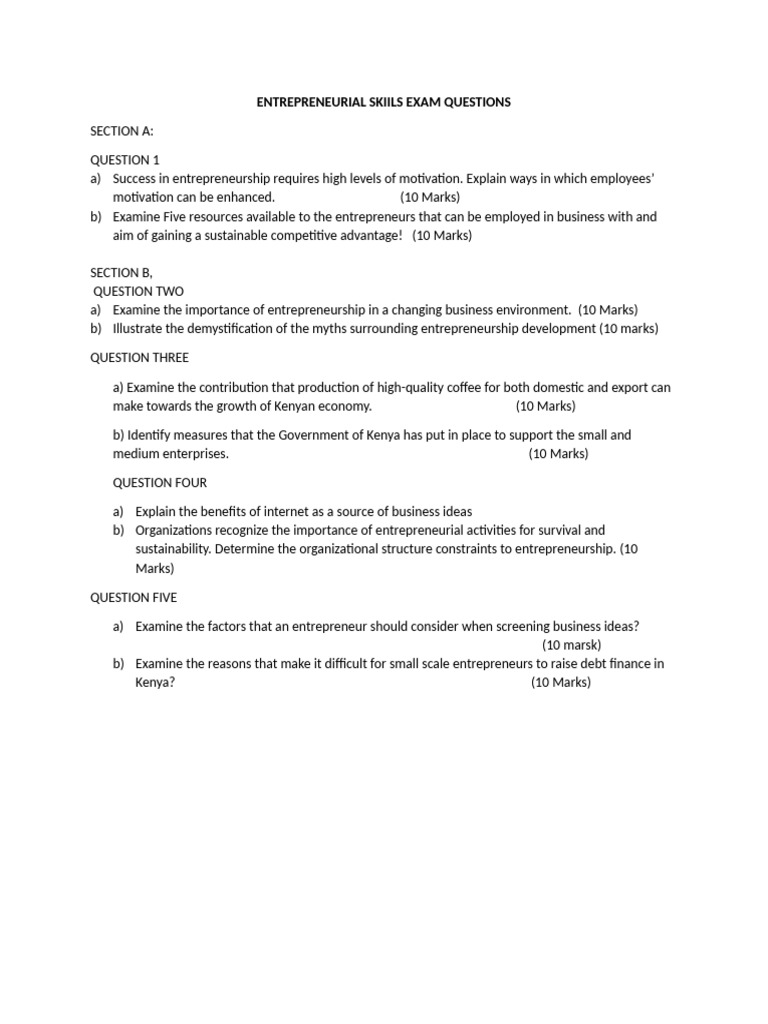 Entrepreneurial Exam Questions | PDF