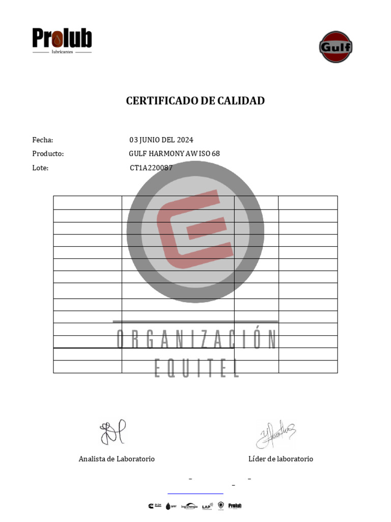 Certificado Gulf Harmony Aw Iso 68 | PDF