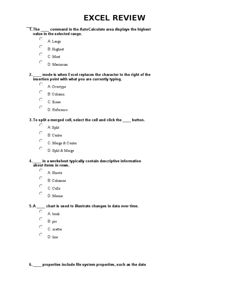 Excel Basics Quiz | PDF