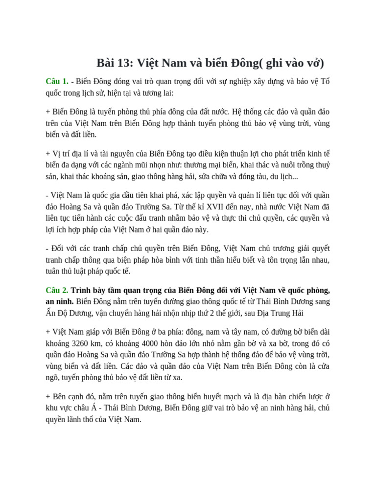 Bài 13. VN Và BIỂN ĐÔNG Ghi Vở Cô KTR | PDF