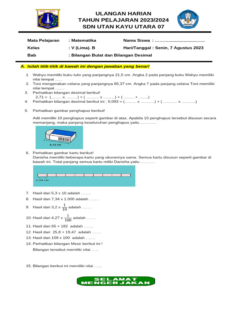 Ulangan Matematika - Bab I - Bilangan Desimal Dan Bulat | PDF